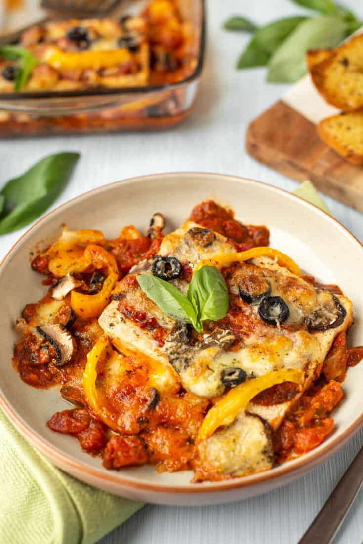 Pizza Baked Tofu - Easy Cheesy Vegetarian