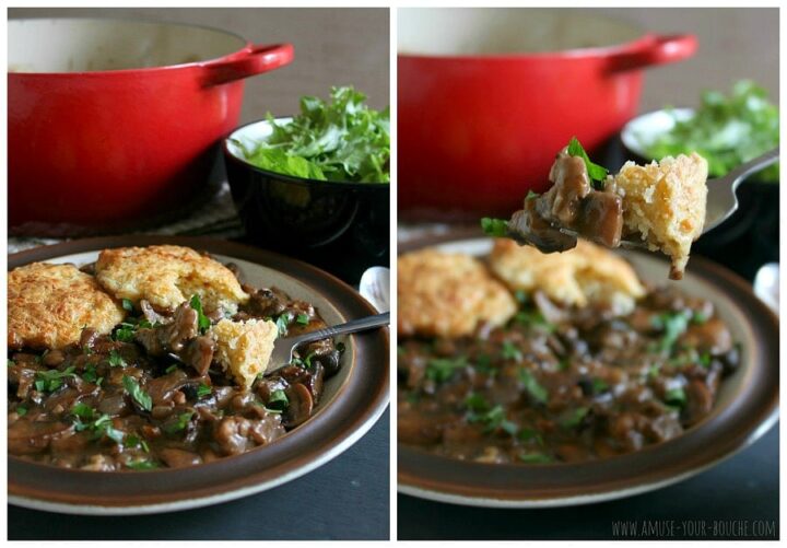 Mushroom and walnut stew with cheesy cobbler topping - Easy Cheesy ...