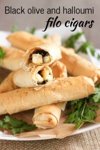 Black olive and halloumi filo cigars - Easy Cheesy Vegetarian