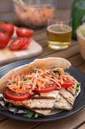 Balsamic halloumi pittas with carrot slaw - Easy Cheesy Vegetarian