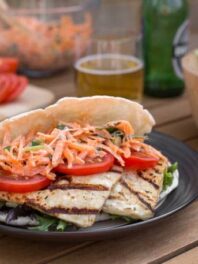 Balsamic halloumi pittas with carrot slaw – Easy Cheesy Vegetarian
