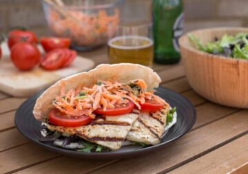 Balsamic halloumi pittas with carrot slaw - Easy Cheesy Vegetarian
