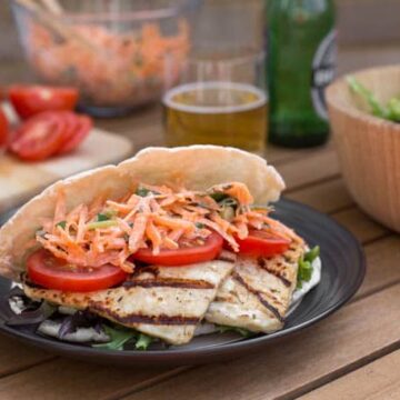 Balsamic halloumi pittas with carrot slaw - Easy Cheesy Vegetarian