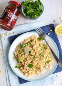 Creamy Peppadew pasta with watercress and pine nuts