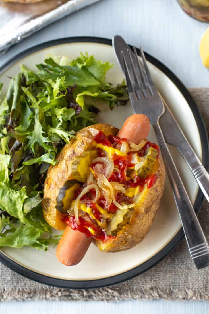 Hot Dog Baked Potatoes - Easy Cheesy Vegetarian