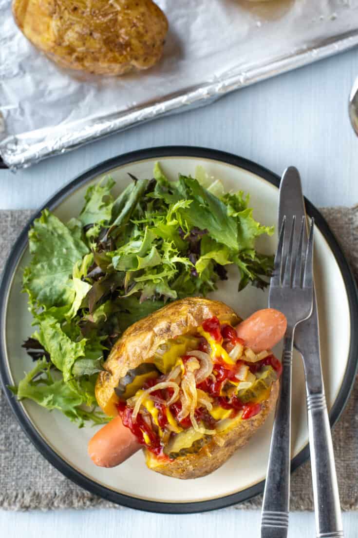 Hot Dog Baked Potatoes - Easy Cheesy Vegetarian