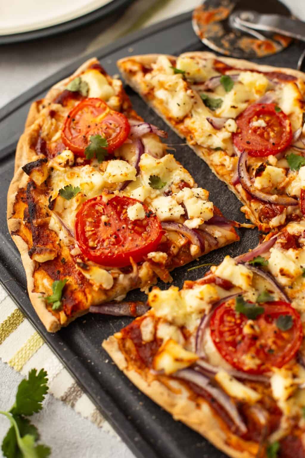 Indian Pizza with Paneer (Naan Bread Pizza) - Easy Cheesy Vegetarian